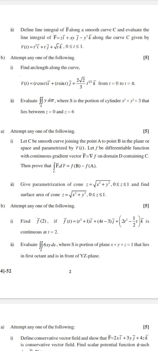 ii) Define line integral of \mathbf{F} along a smooth curve C and eva..