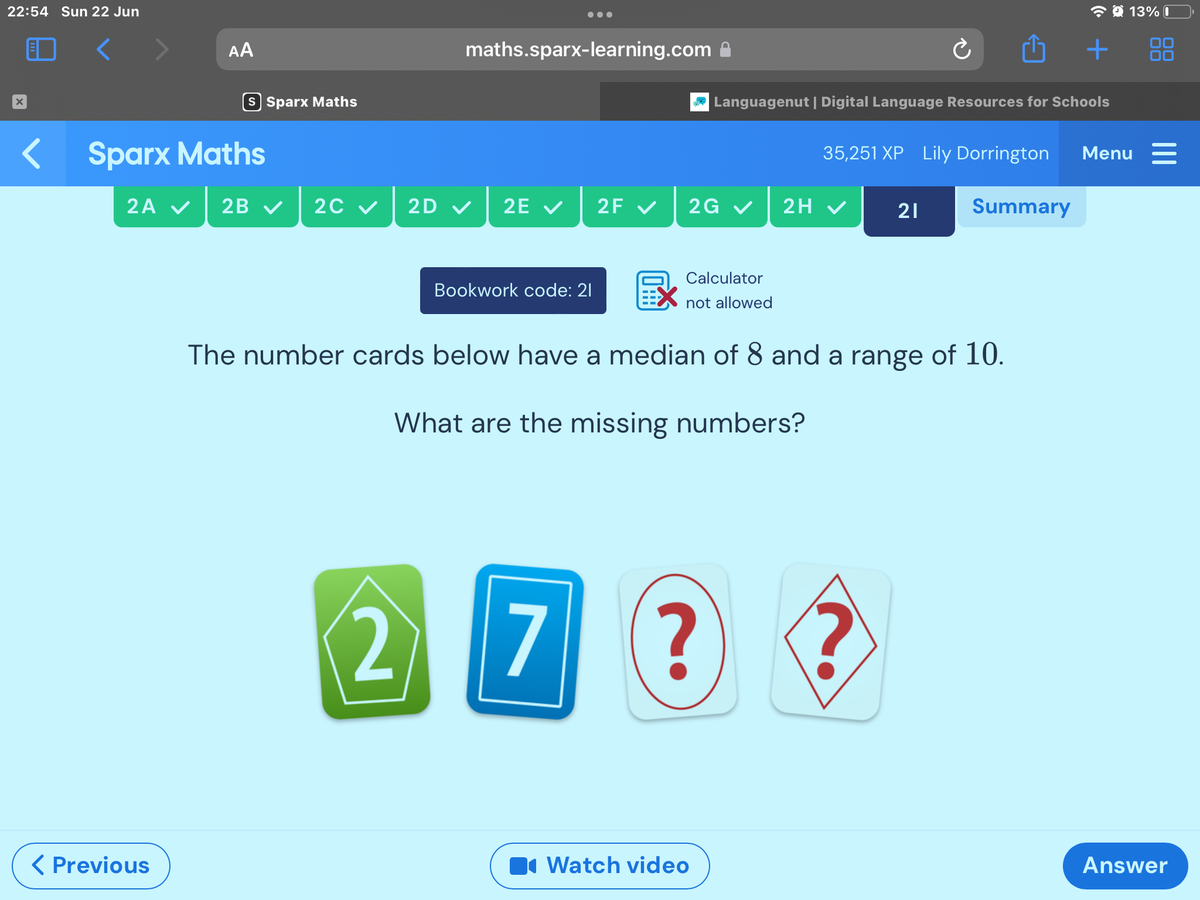The number cards below have a median of 8 and a range of 10. What are the..