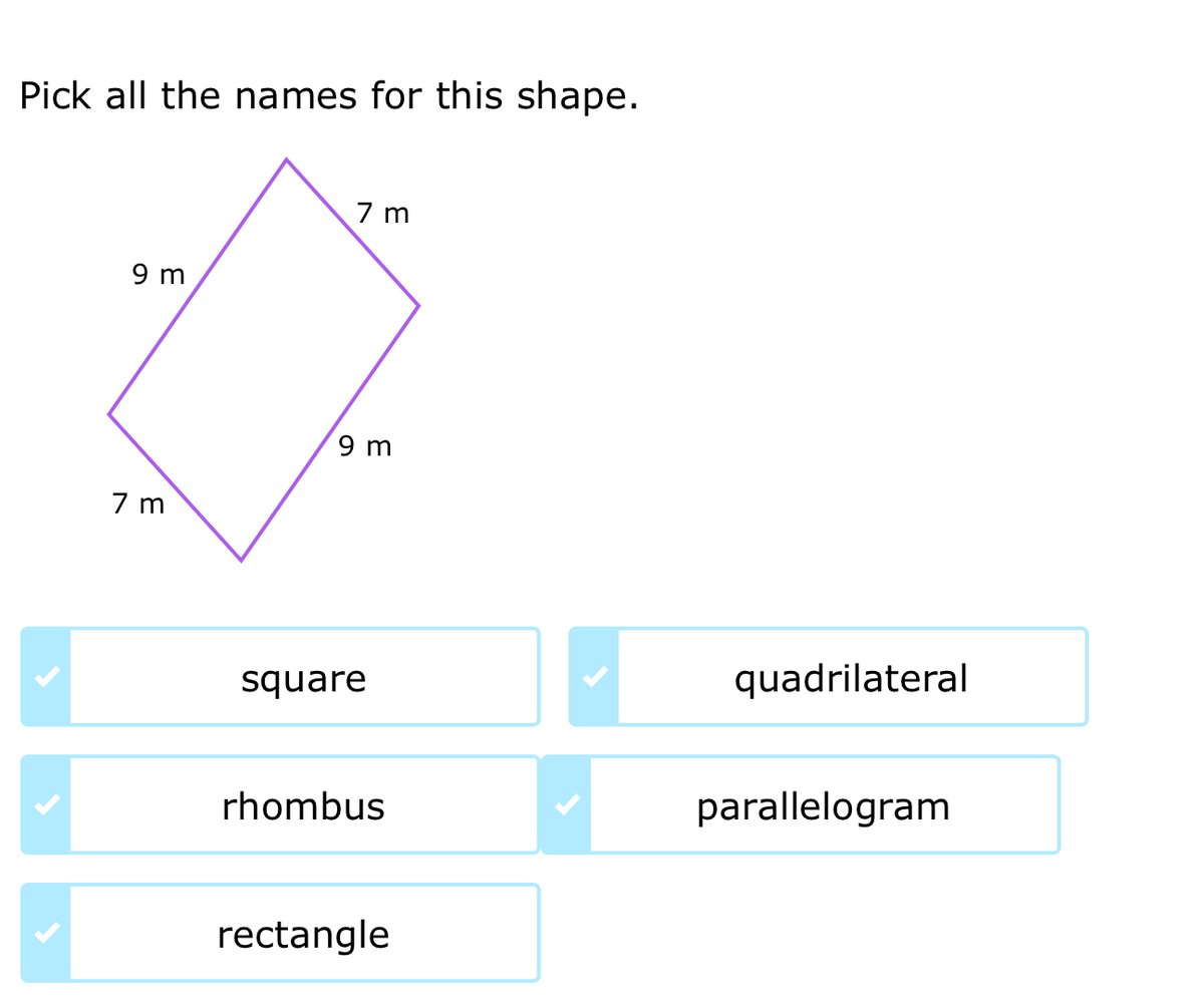 Pick all the names for this shape. [Diagram of a quadrilateral with sid..