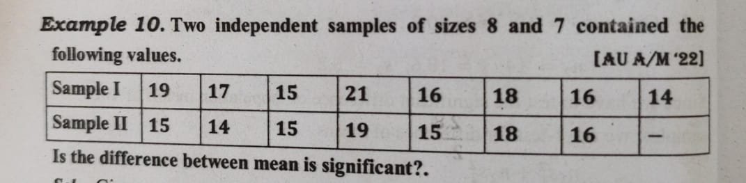 Example 10. Two independent samples of sizes 8 and 7 contained the follow..