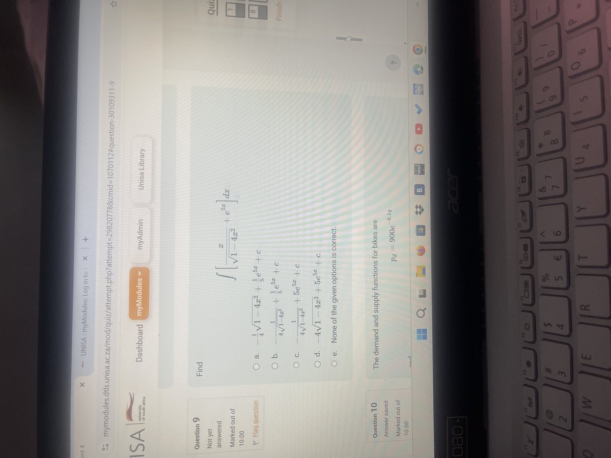 Find the integral: \int \frac{x}{\sqrt{1-4x^2}} + e^{5x} dx a. -\frac{..
