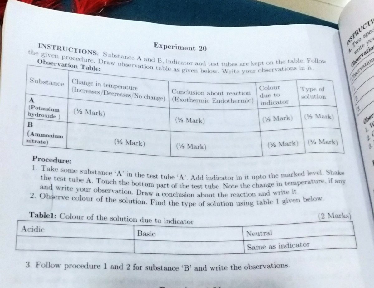 Experiment 20 Instructions: Substance A and B, indicator and test tubes