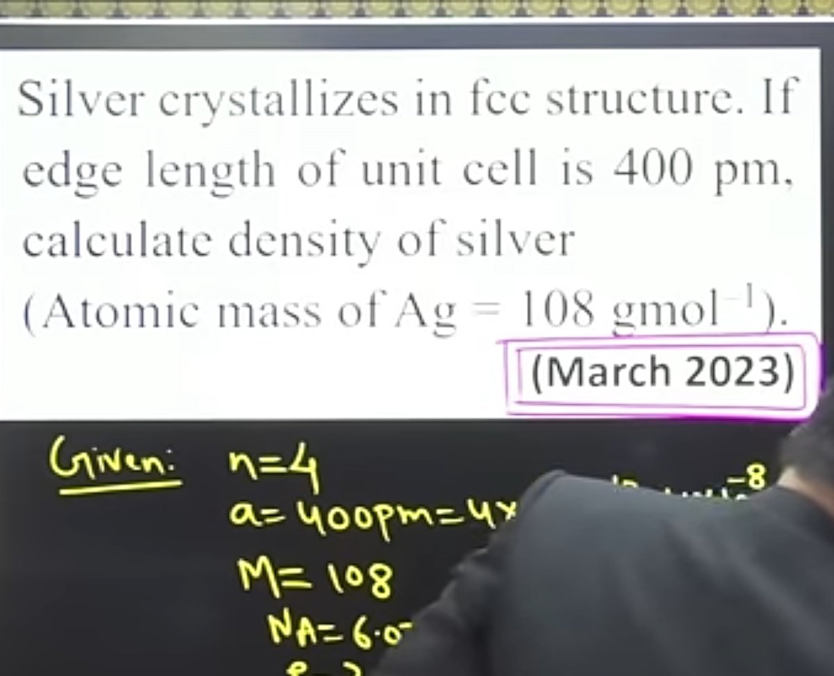 Silver crystallizes in fee structure. If edge length of unit cell is 400