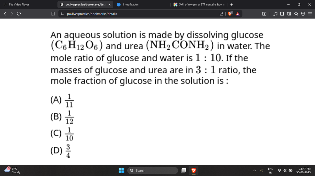 An aqueous solution is made by dissolving glucose (C6H12O6) and urea (NH2..