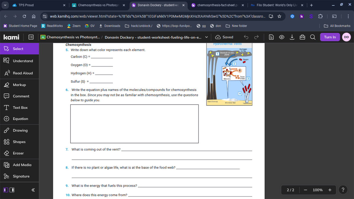 Chemosynthesis Write down what color represents each element. Carbon