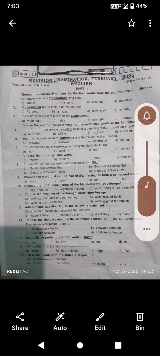 Choose the correct Synonyms for the bold words from the options given. H..