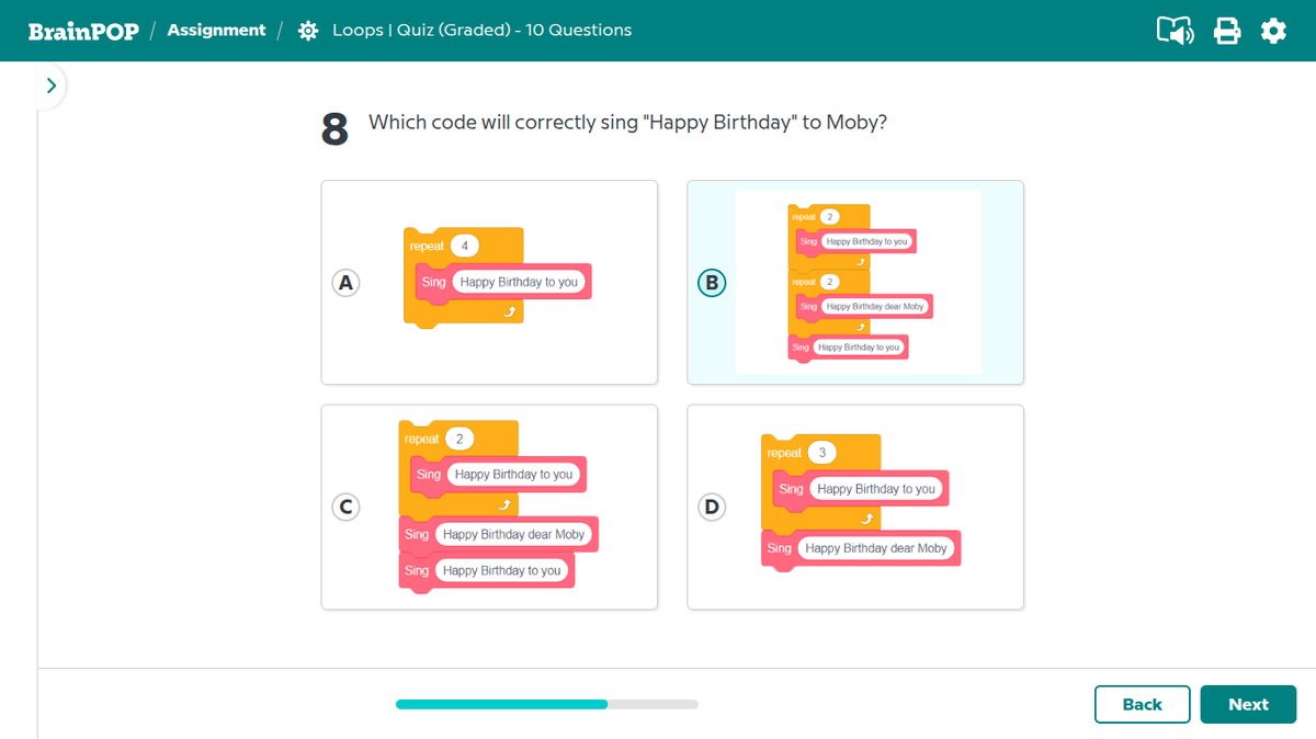 Which code will correctly sing "Happy Birthday" to Moby? A. Repeat 4 tim..