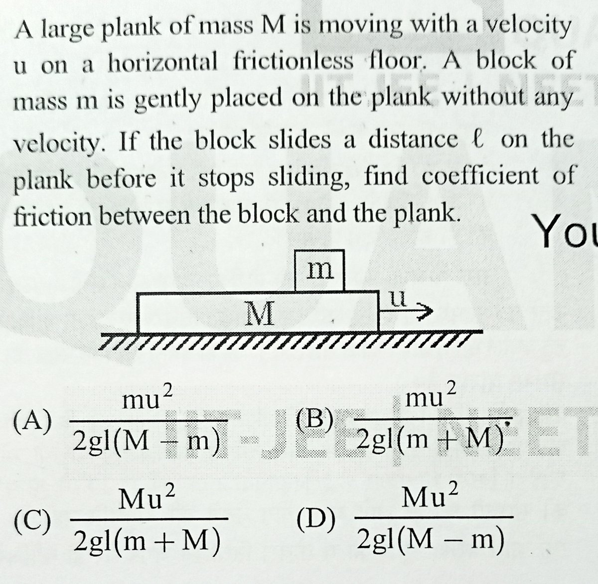 A large plank of mass M is moving with a velocity u on a horizontal frict..