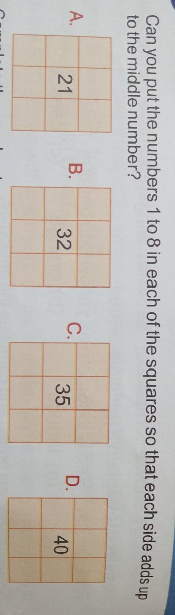 Can you put the numbers 1 to 8 in each of the squares so that each side a..