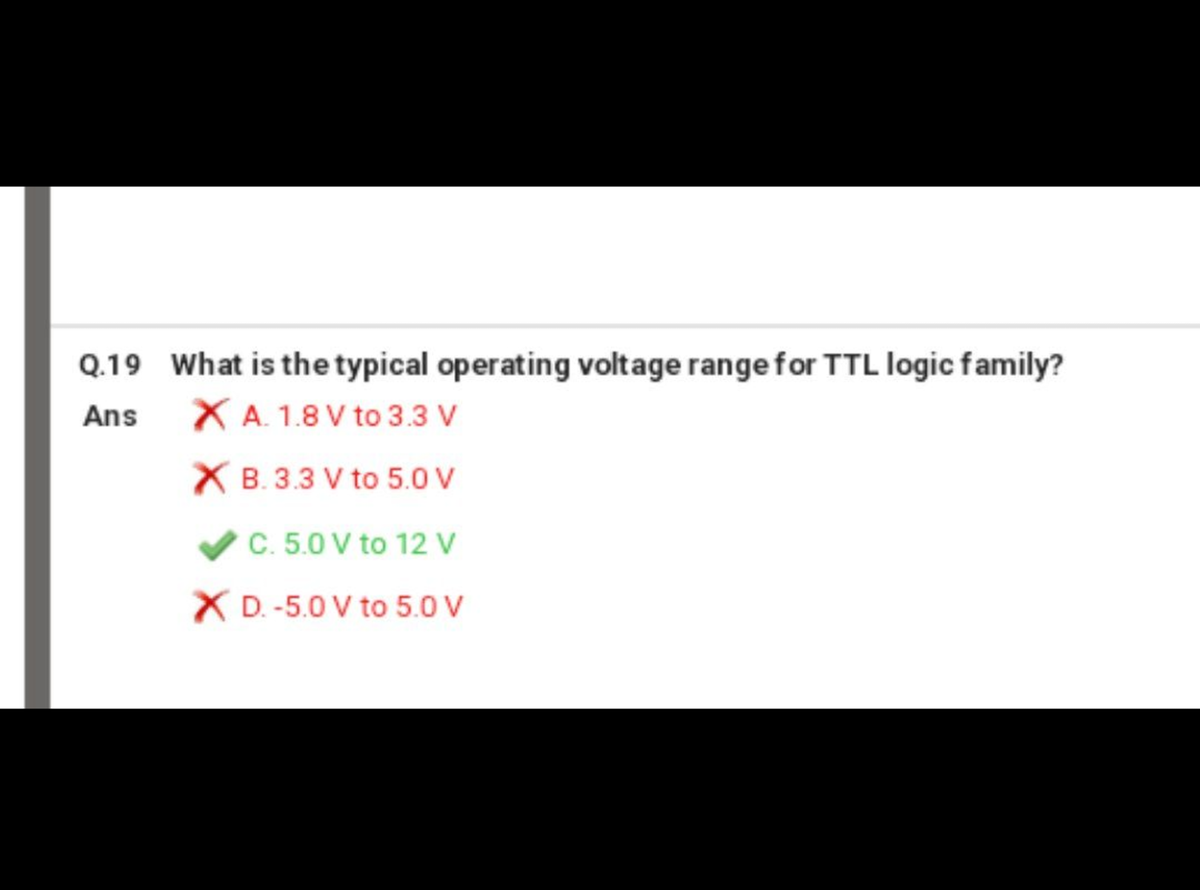 Question 19 What is the typical operating voltage range for TTL logic fam..