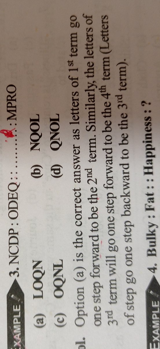EXAMPLE NCDP: ODEQ:: :MPRO (a) LOQN (b) NQOL (c) OQNL (d) QNOL bl. Option..