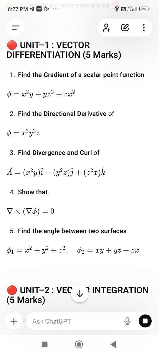 UNIT-1: VECTOR DIFFERENTIATION (5 Marks) Find the Gradient of a scalar p..