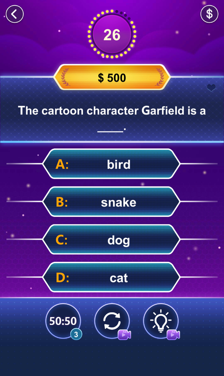 The cartoon character Garfield is a: A: bird B: snake C: dog D: ca..