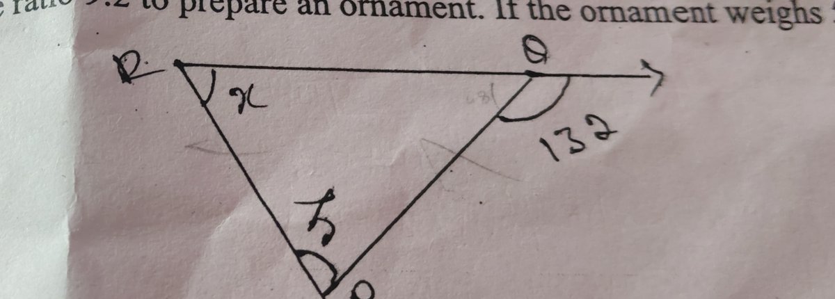 Solve for the angles x and y in the triangle where an exterior angle is g..
