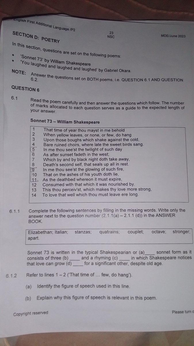 English First Additional Language /P2 SECTION D: POETRY 23 NSC MDE/June 2..