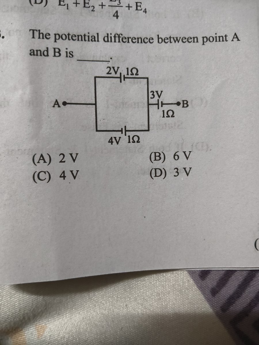 The potential difference between point A and B is: (A) 2 V (B) 6 V (C)..