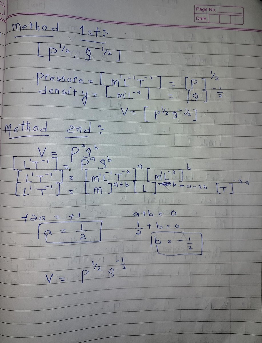 Given the dimensions of pressure and density, find the dimensional formul..