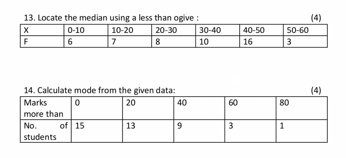 Locate the median using a less than ogive : (4) \begin{tabular} { | l | l..