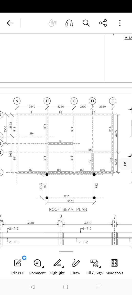 Given the roof beam plan with grid lines A to E horizontally and 1 to 5 v..