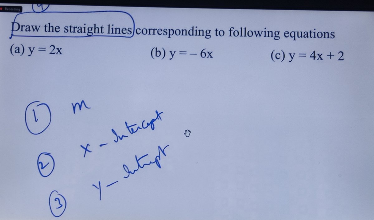 Draw the straight lines corresponding to following equations (a) y = 2 x