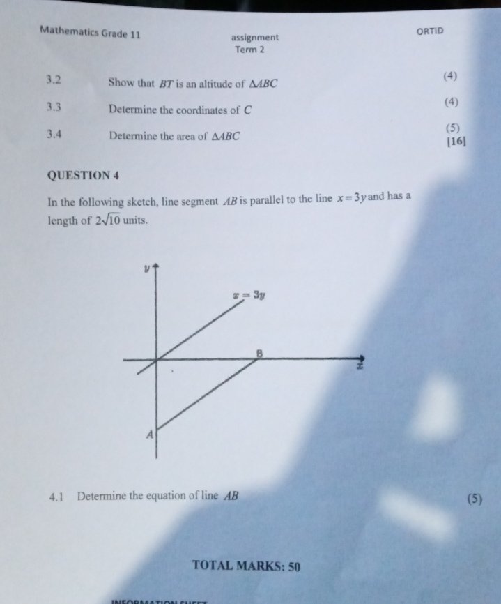 Mathematics Grade 11 Question 4 In the following sketch, line segment A..