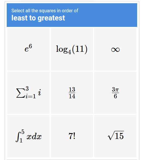 Select all the squares in order of least to greatest: e^6 log₄(11) ∞
