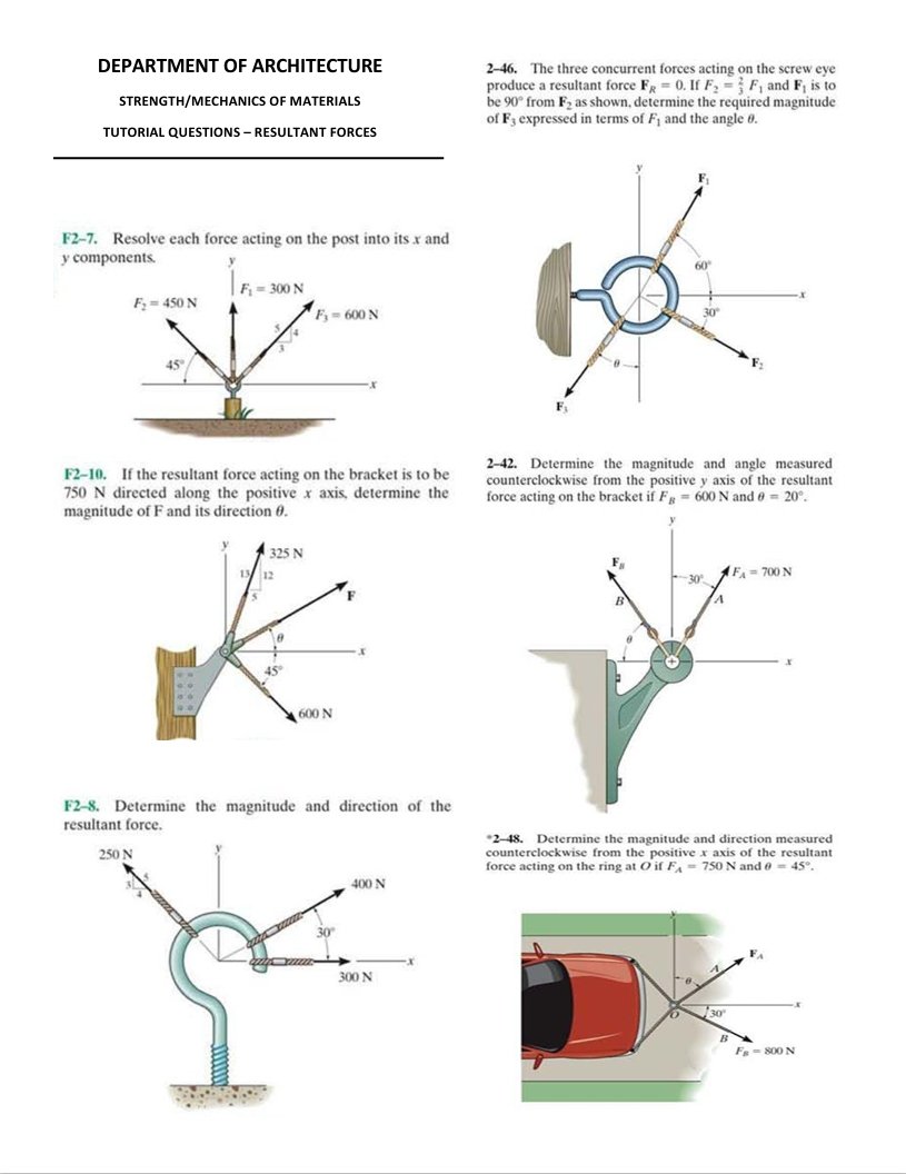 F2-7. Resolve each force acting on the post into its x and y components.