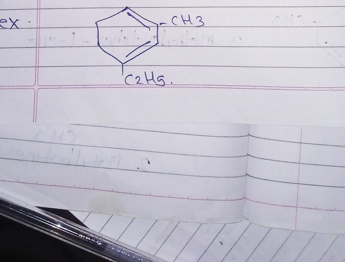Question: The image shows a chemical structure of a benzene ring with two..