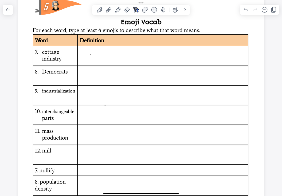 For each word, type at least 4 emojis to describe what that word means.