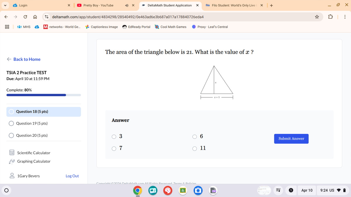 The area of the triangle below is 21. What is the value of x? Diagram of..
