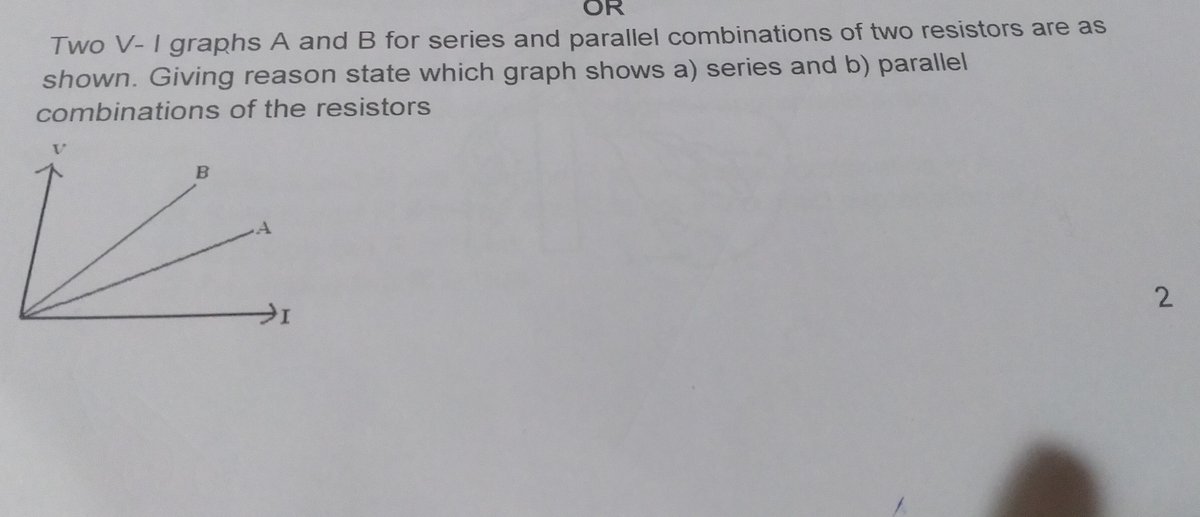 Two V- I graphs A and B for series and parallel combinations of two resis..
