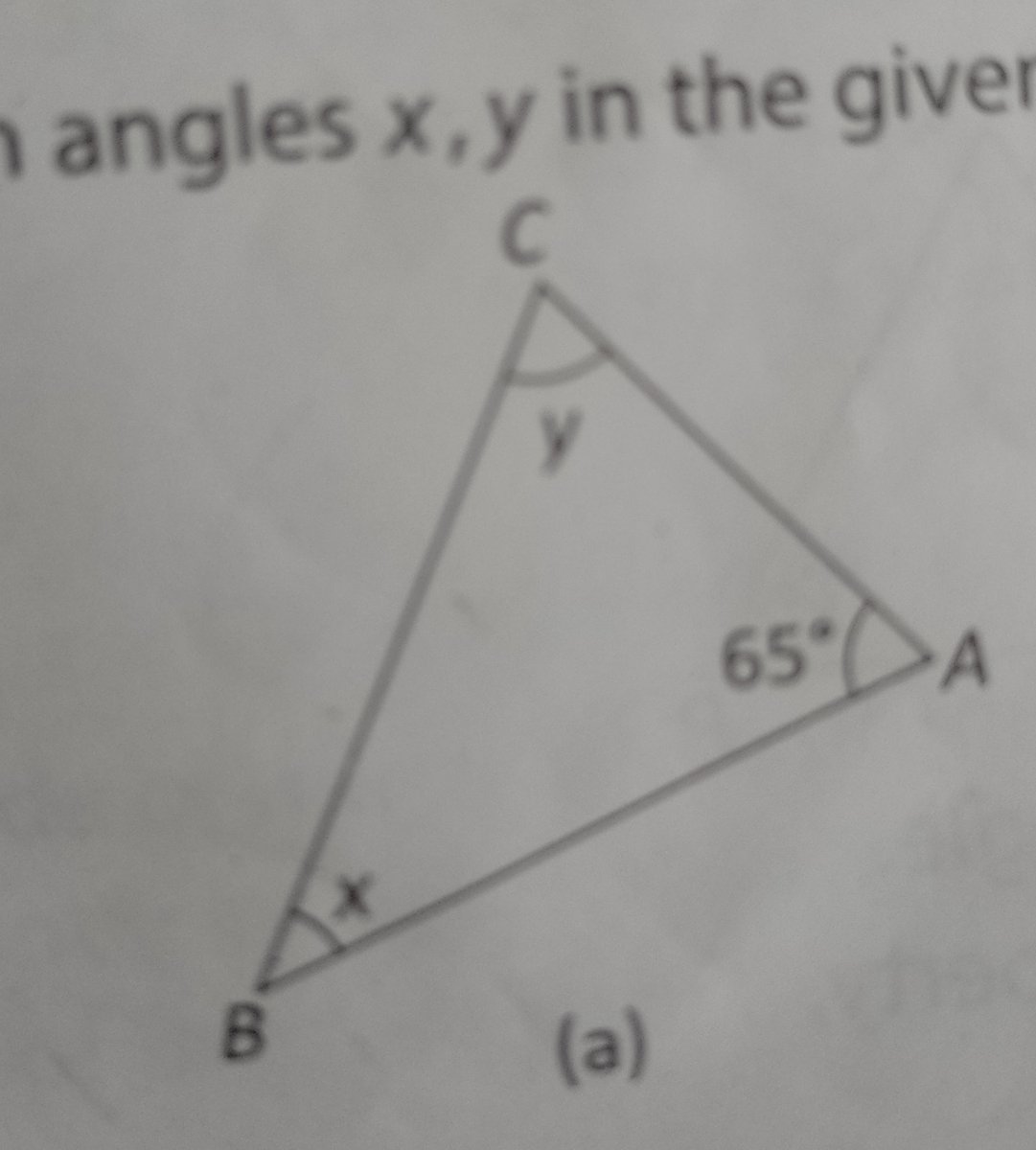 Find the angles x and y in triangle ABC, where \angle A = 65^\circ. | Filo