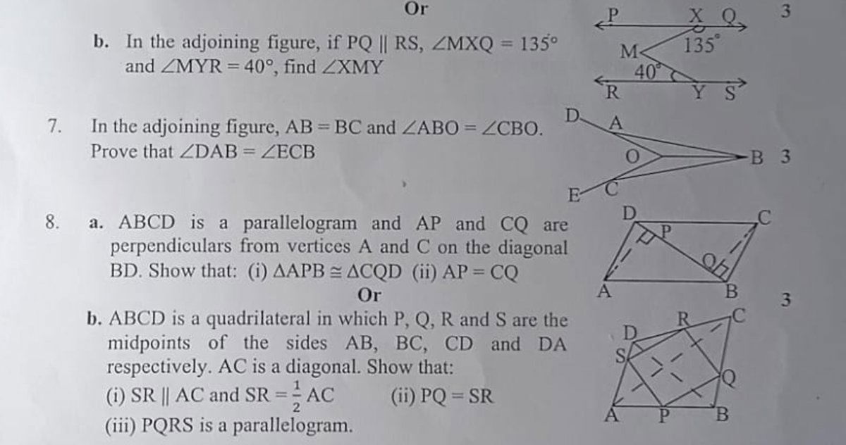 Geometry Problems b. In the adjoining figure, if PQ || RS, \angle MXQ