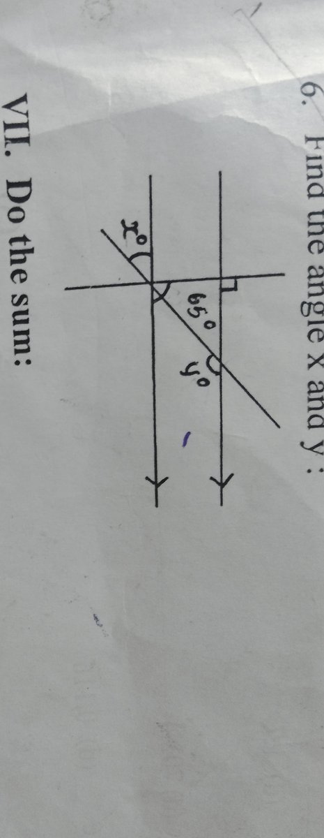 Find the angles x and y in the given diagram where two parallel lines are..