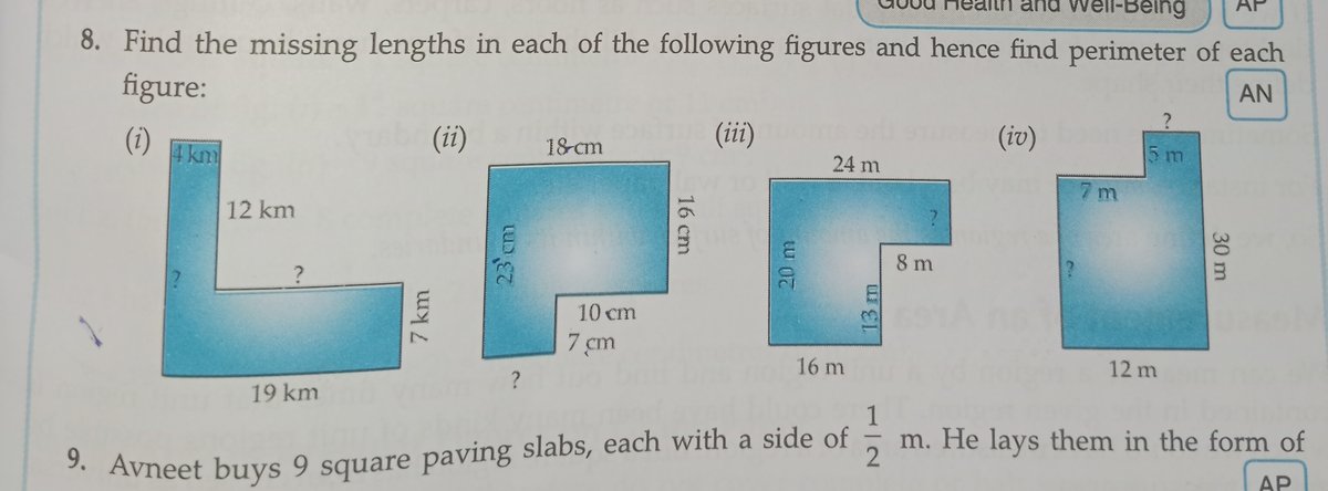 Find the missing lengths in each of the following quadrilaterals and henc..