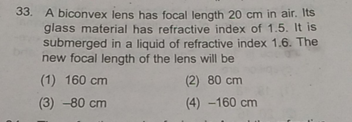 A biconvex lens has focal length 20 cm in air. Its glass material has ref..