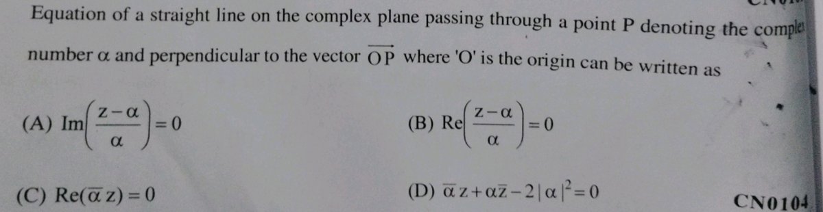 Equation of a straight line on the complex plane passing through a point