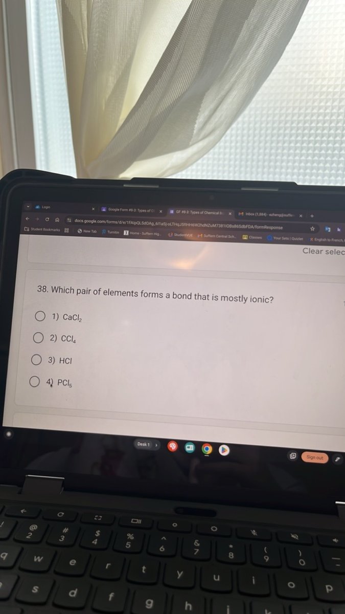 Which pair of elements forms a bond that is mostly ionic? 1) CaCl₂ 2) CC..