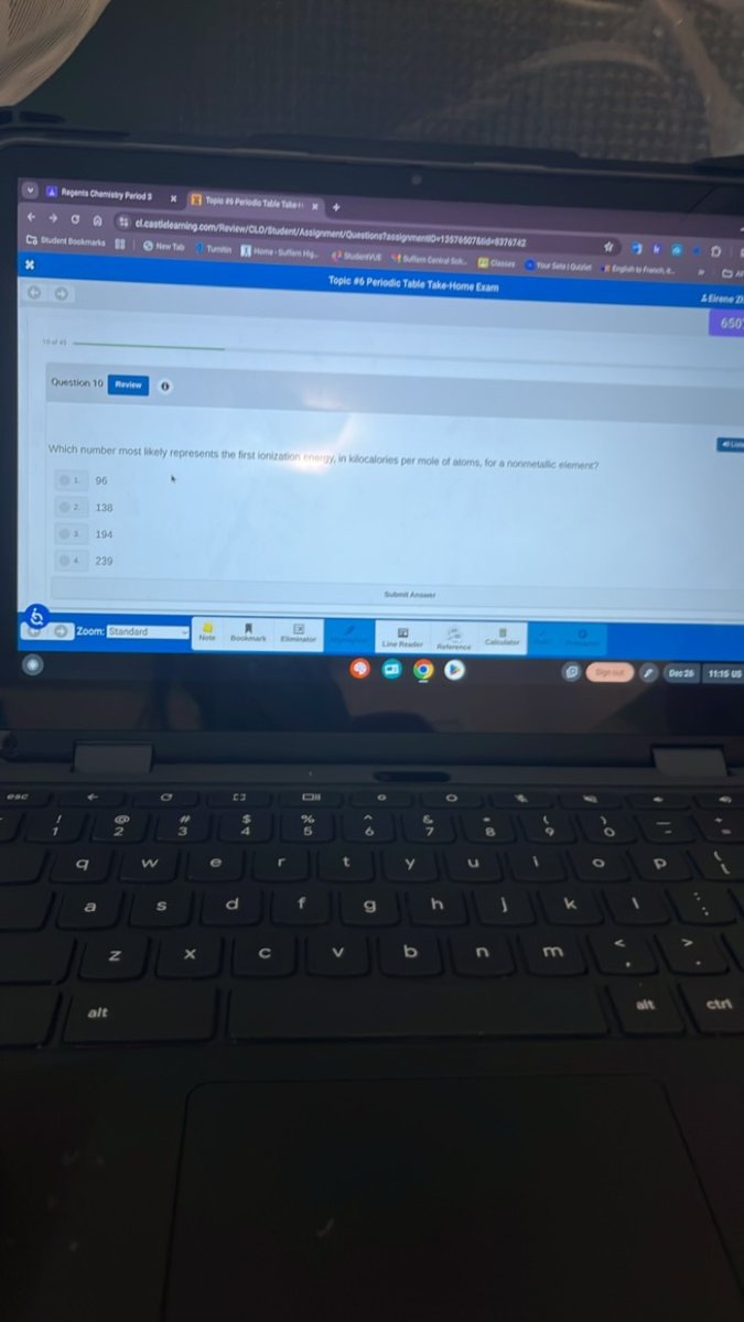 Which number most likely represents the first ionization energy, in kiloc..