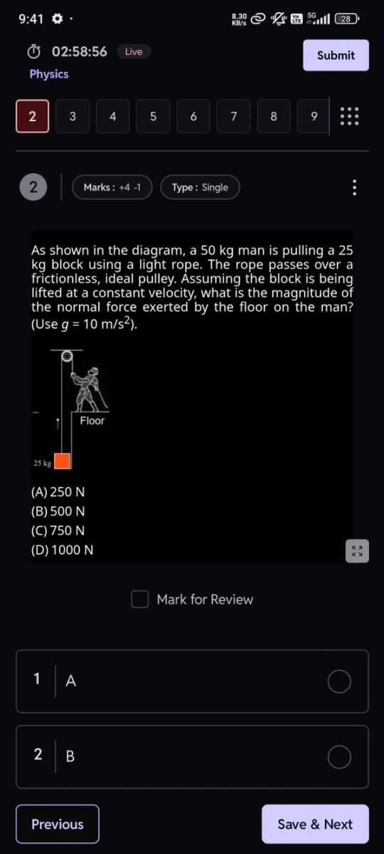 As shown in the diagram, a 50 kg man is pulling a 25 kg block using a lig..
