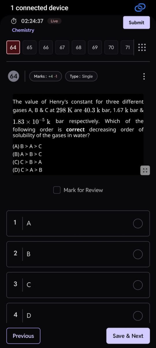 The value of Henry's constant (k_H) for three different gases A, B, and C..