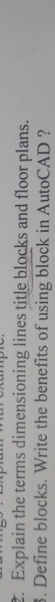 Explain the terms dimensioning lines, title blocks, and floor plans. Defi..