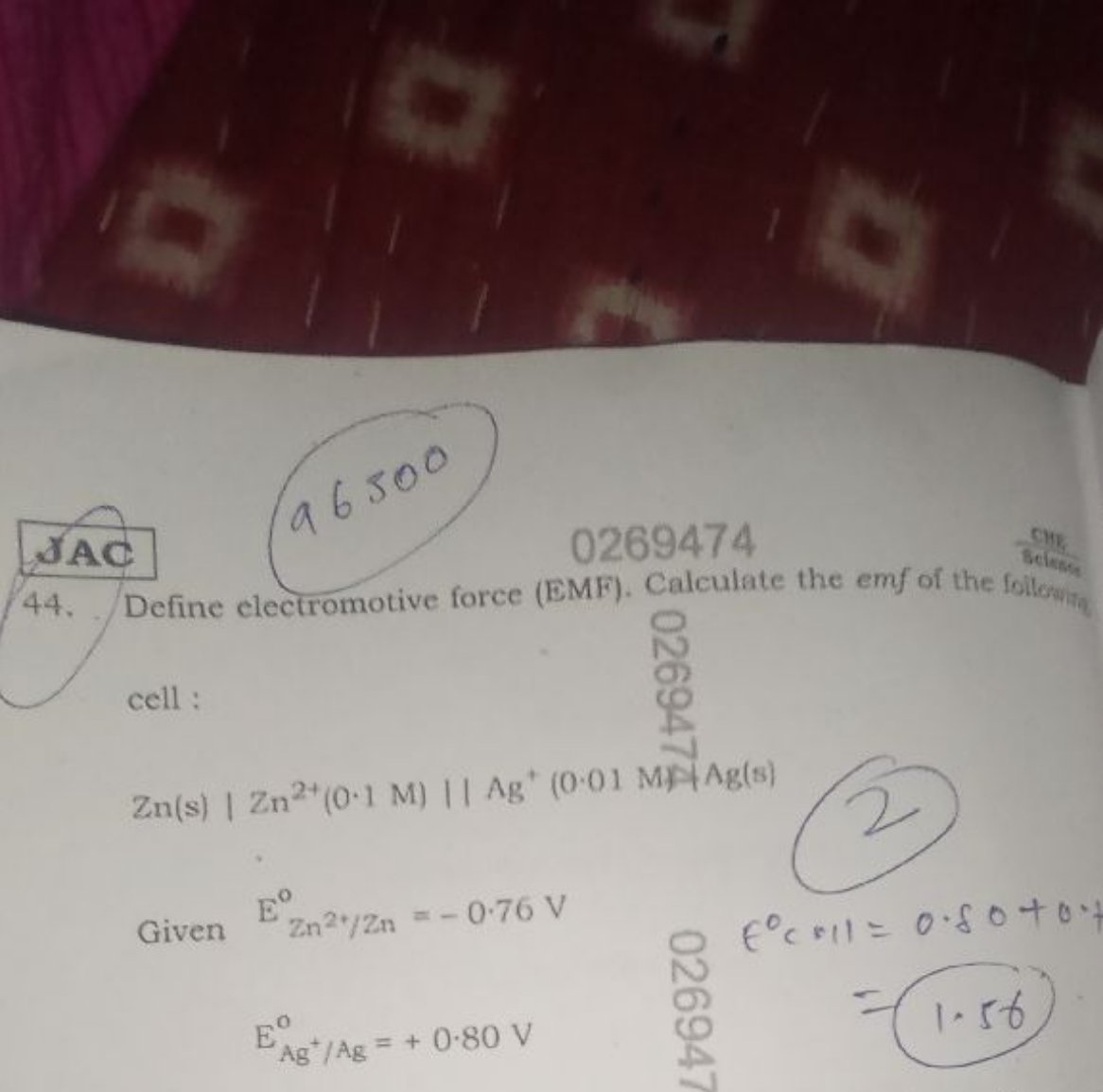 Define electromotive force (EMF). Calculate the emf of the following cell..