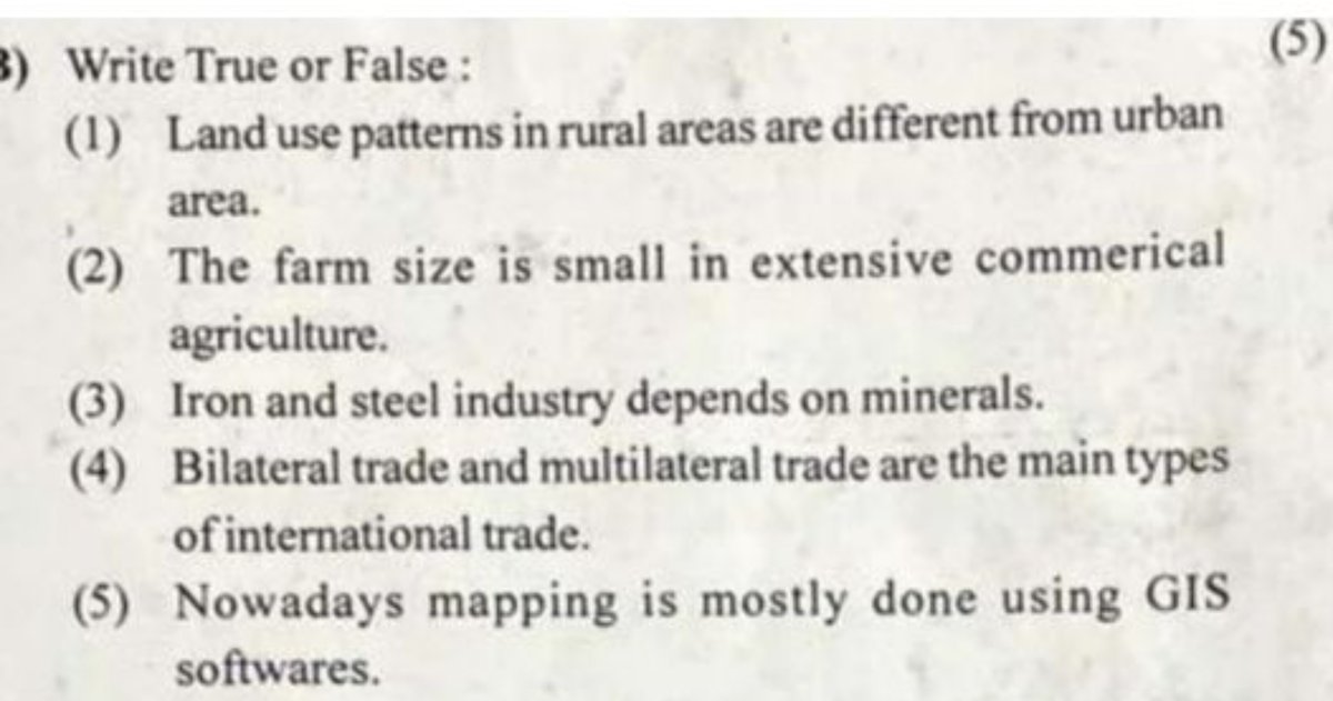 Write True or False : (5) (1) Land use patterns in rural areas are differ..