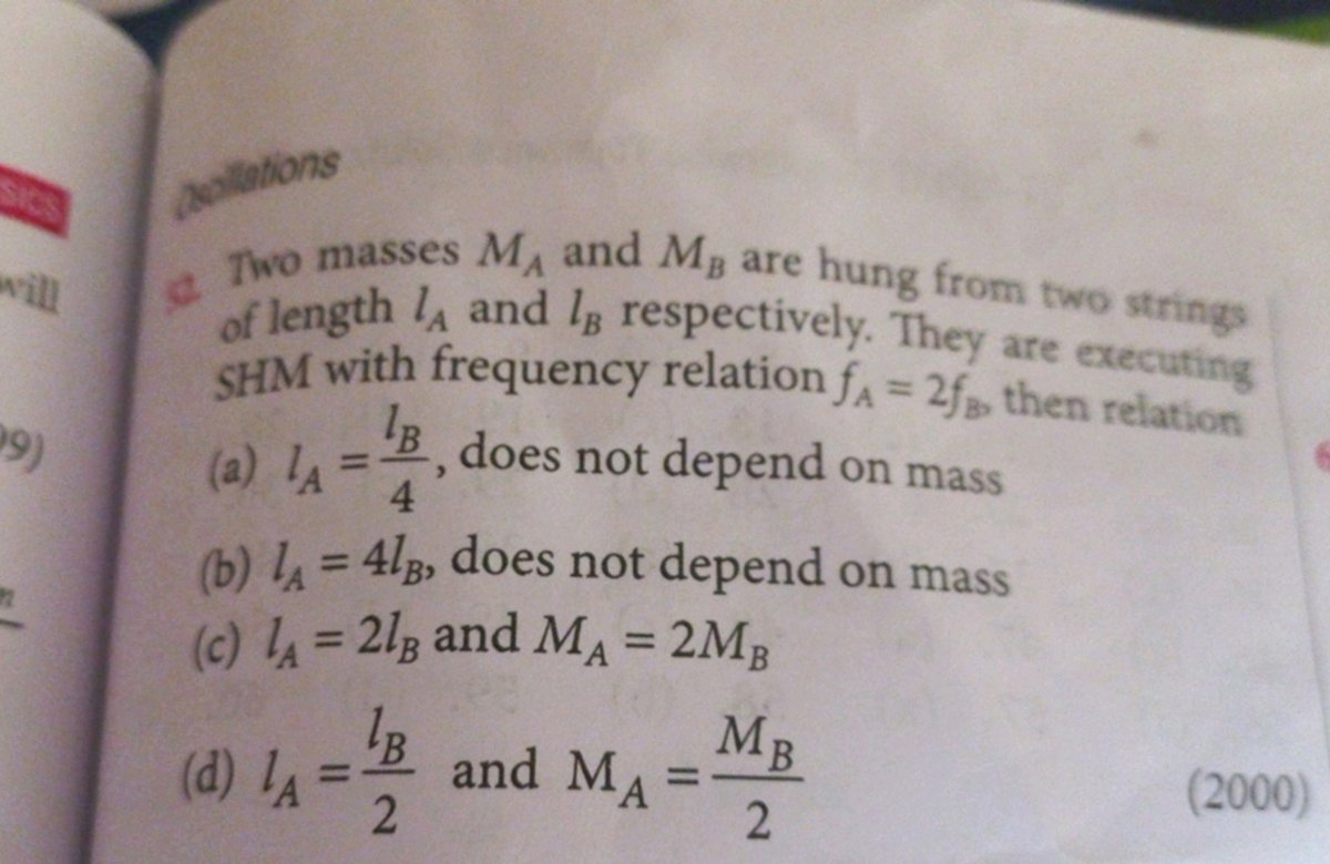c. Two masses M _ { A } and M _ { B } are hung from two strings of length..