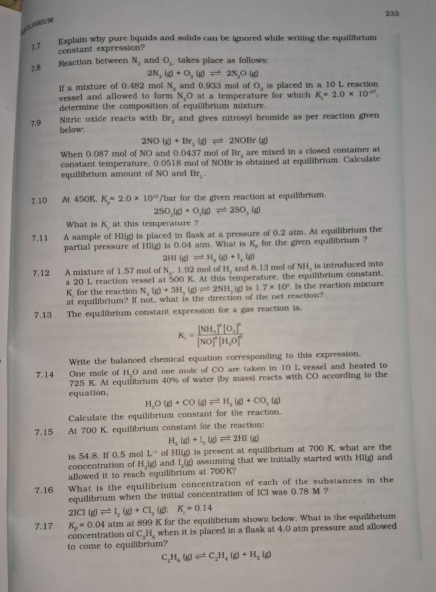 7.7 Explain why pure liquids and solids can be ignored while writing the