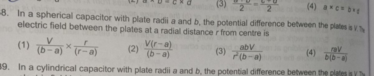 In a spherical capacitor with plate radii a and b, the potential differen..