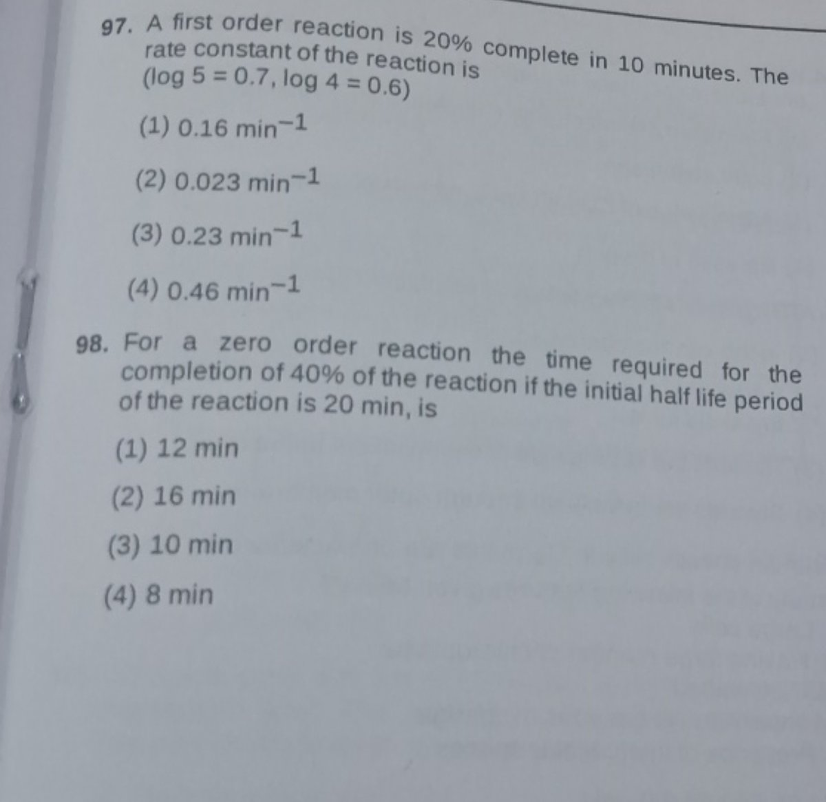 A first order reaction is 20 \% complete in 10 minutes. The rate constant..