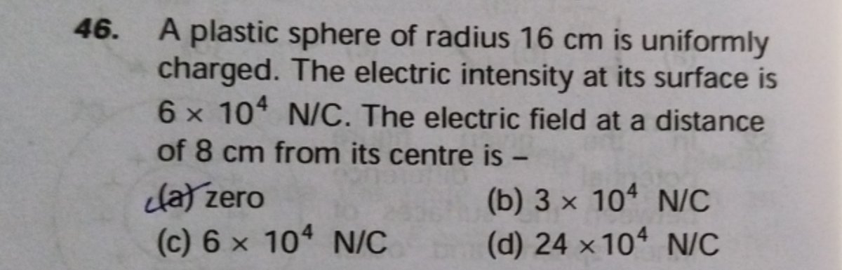 A plastic sphere of radius 16 cm is uniformly charged. The electric inten..