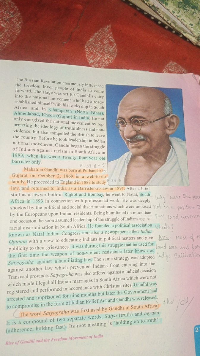 The provided image contains text about Mahatma Gandhi and the rise of the..